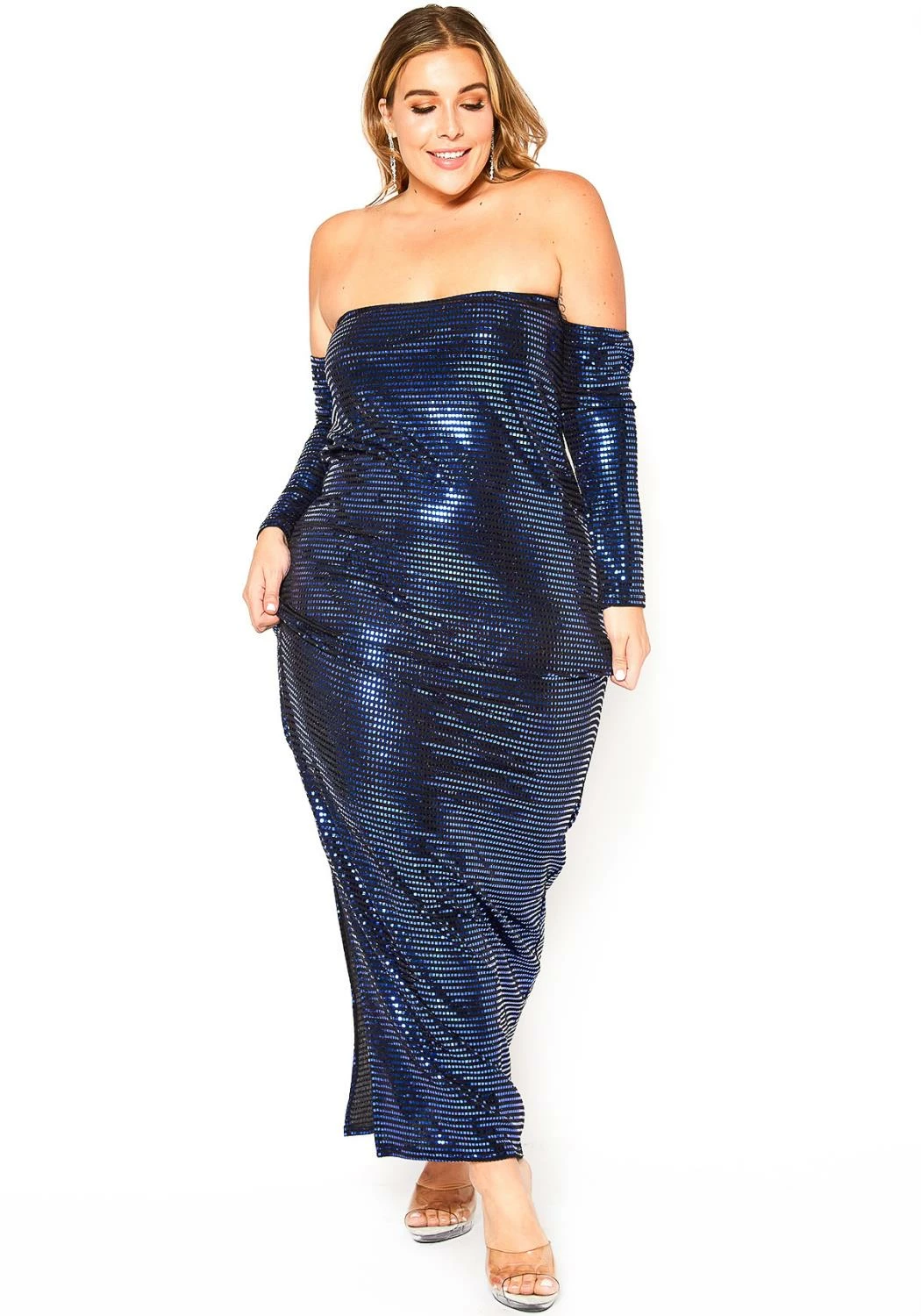 Shop Online Now | Asoph Plus Size Blue Metallic Off Shoulder Maxi Dress