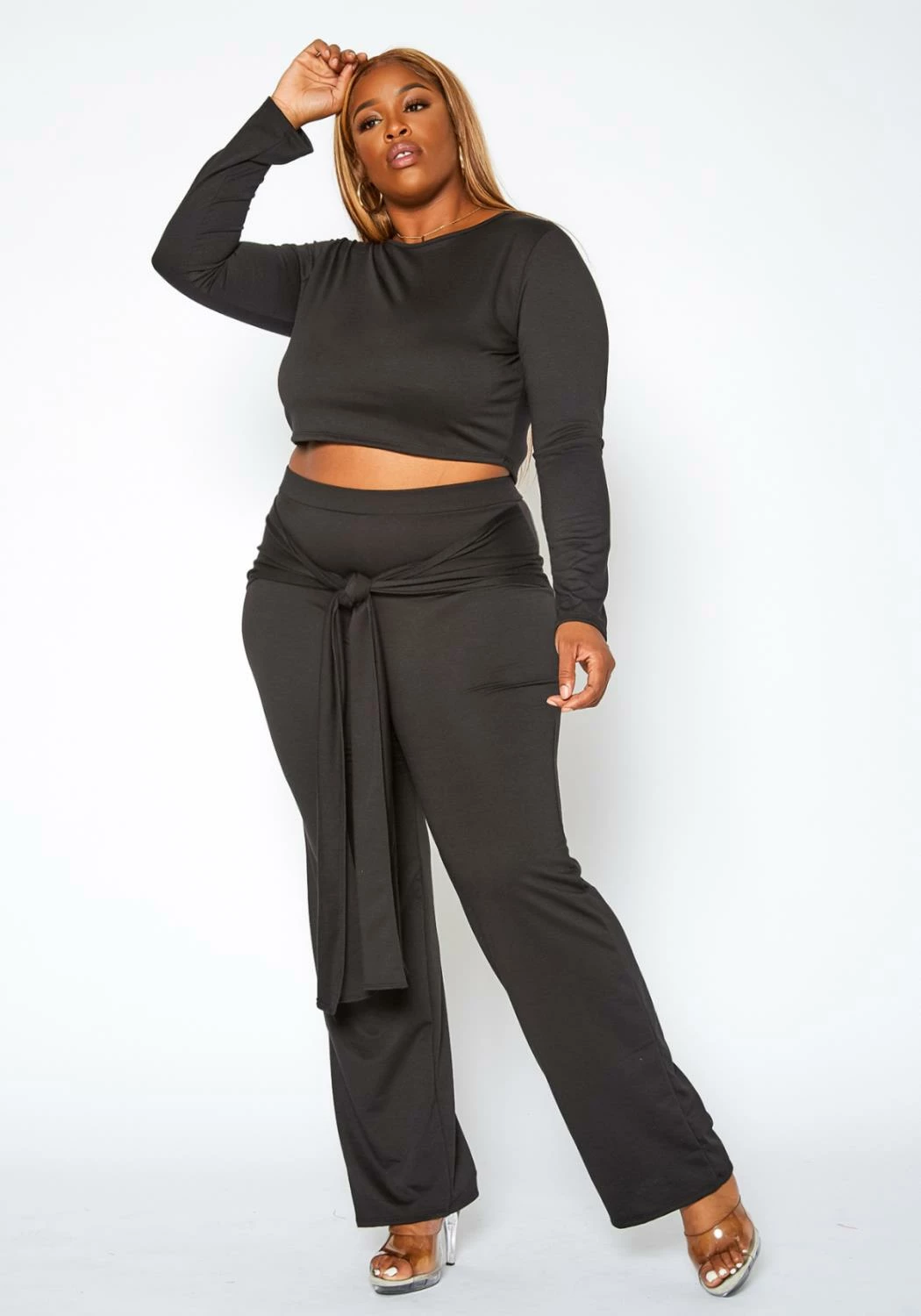 Shop Asoph Plus Size Crop Sweater & Belted Flare Pants Set Free ...