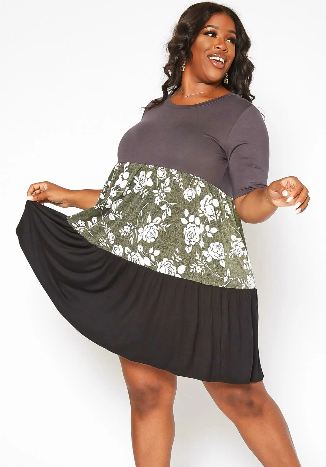 Buy From Asoph Plus Size Rose Floral Color Block Mini Dress USA Online ...